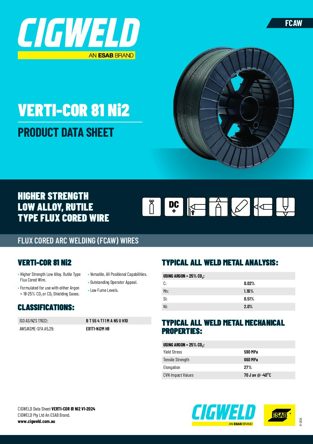 Verti-Cor 81Ni2 (E81T1-Ni2M H8) - FCAW - Cigweld