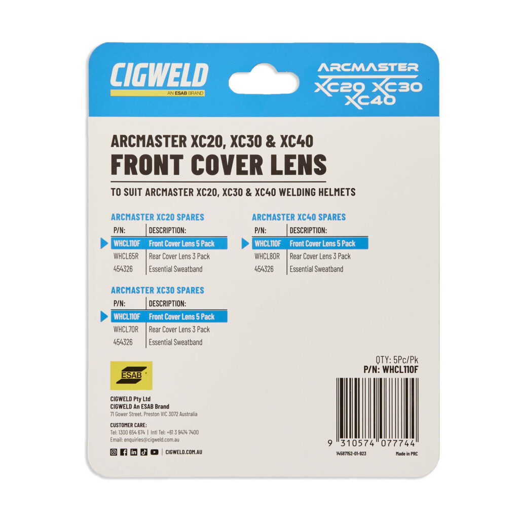 Arcmaster Front Cover Lens for XC20, XC30 and XC40 - Cigweld